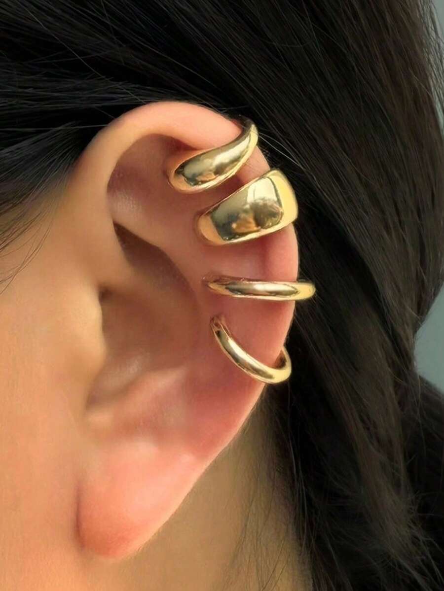 4pcs Minimalist Women's Ear Cuffs Without Piercing, Golden High-End ...