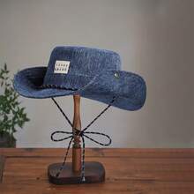 Women's Men's Washed Denim Lace-Up Bucket Hat Adjustable Vintage Letter ...