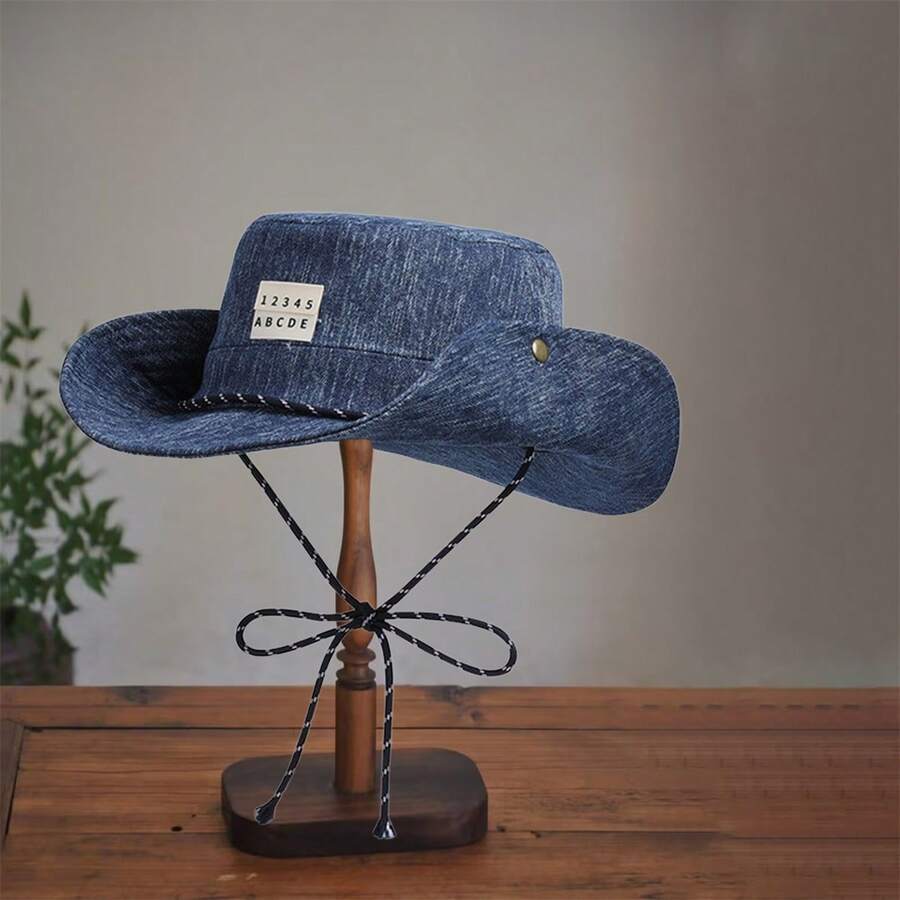 Women's Men's Washed Denim Lace-Up Bucket Hat Adjustable Vintage Letter ...
