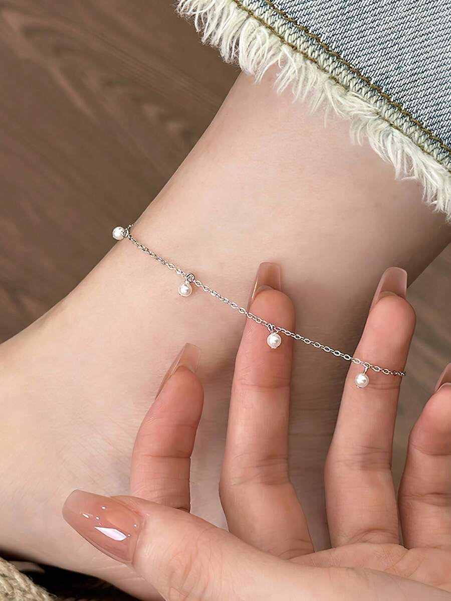 1 Piece Of Gentle And Elegant S925 Sterling Silver Round Shell Pearl Ankle Chain For Women's ...