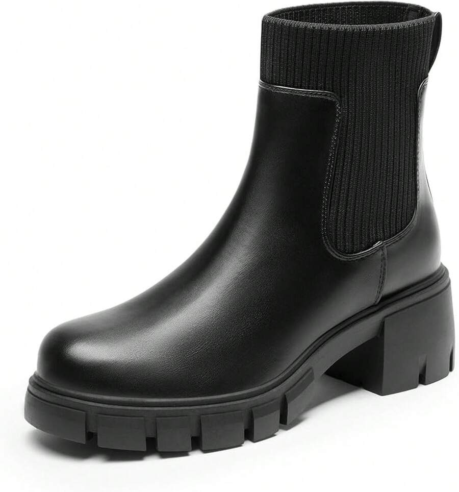 DREAM PAIRS Women's Elastic Ankle Boots Fashion Low Chunky Heel Platform Lug Sole Short Booties ...
