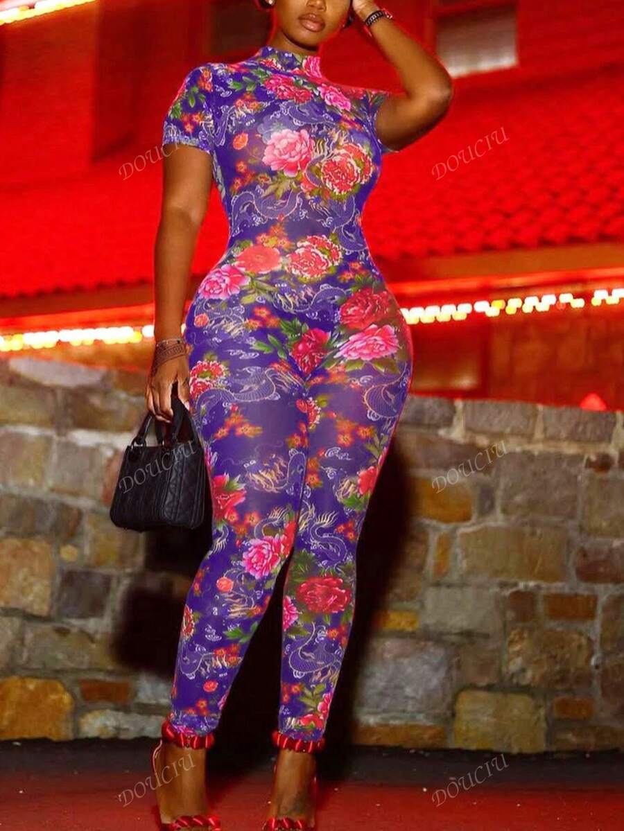 Stylish Backless Sexy Sheer Net Print Jumpsuit For Women, Streetwear ...