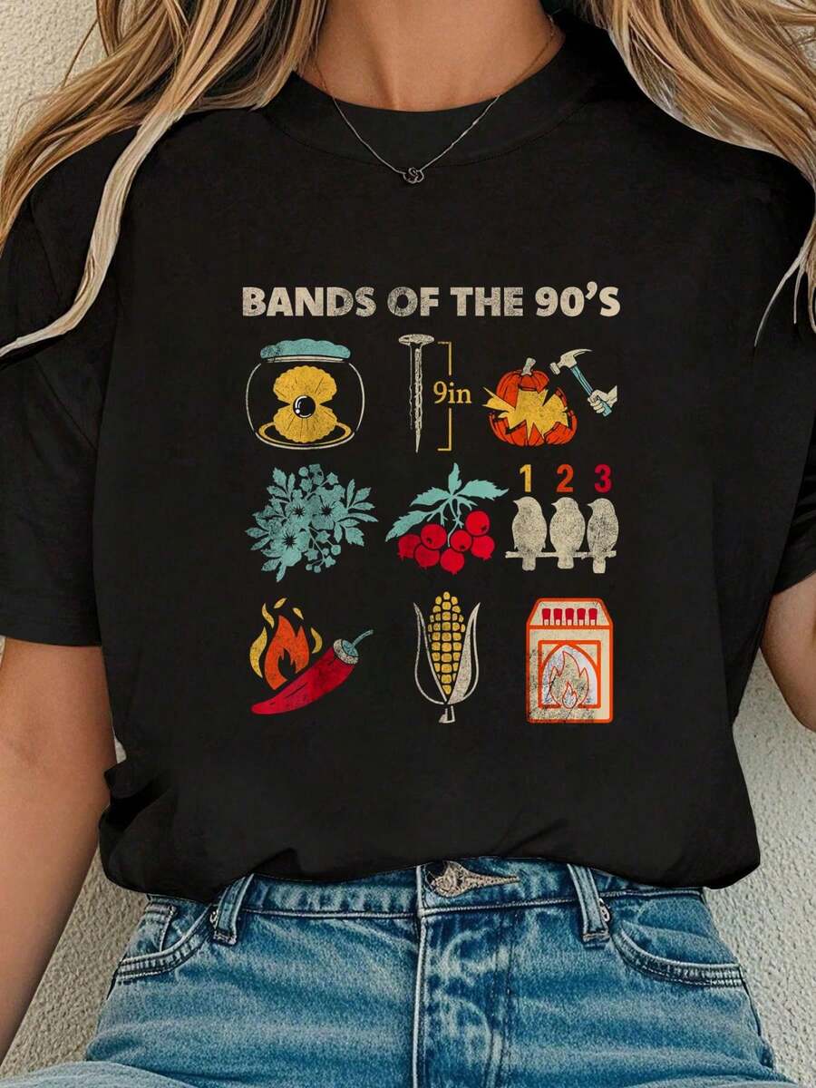 100% Cotton Retro Popular Music Bands Of The 90s Rock Funny Vintage T ...