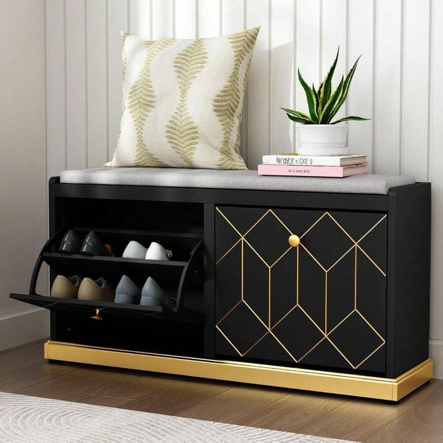 Shoe Bench Storage With Seat Black Shoe Cabinet Cupboard With Cushion ...