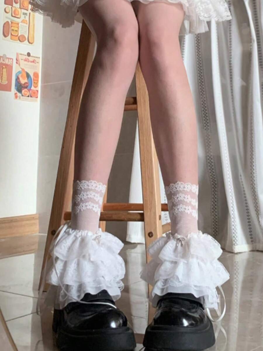 1 Pair Women's Lace Trim Tied Short Leg Sleeves Sun Protection ...