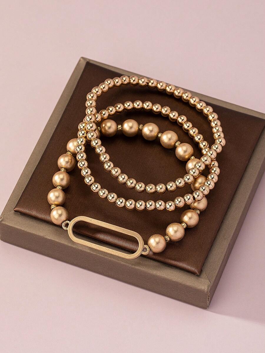 1 Set Of 3 Metal CCB & Wooden Beaded Bracelets | SHEIN USA