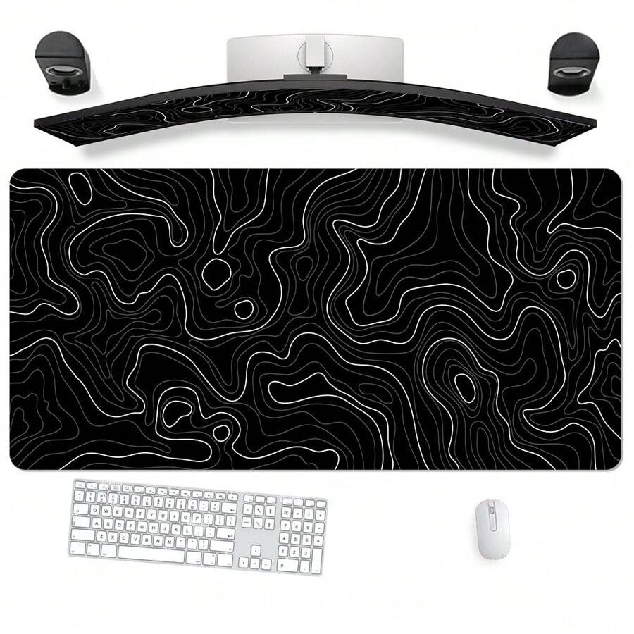 Large Extended Gaming Mouse Pad Black & White Topographic Art Design Durability Desktop Pad With ...