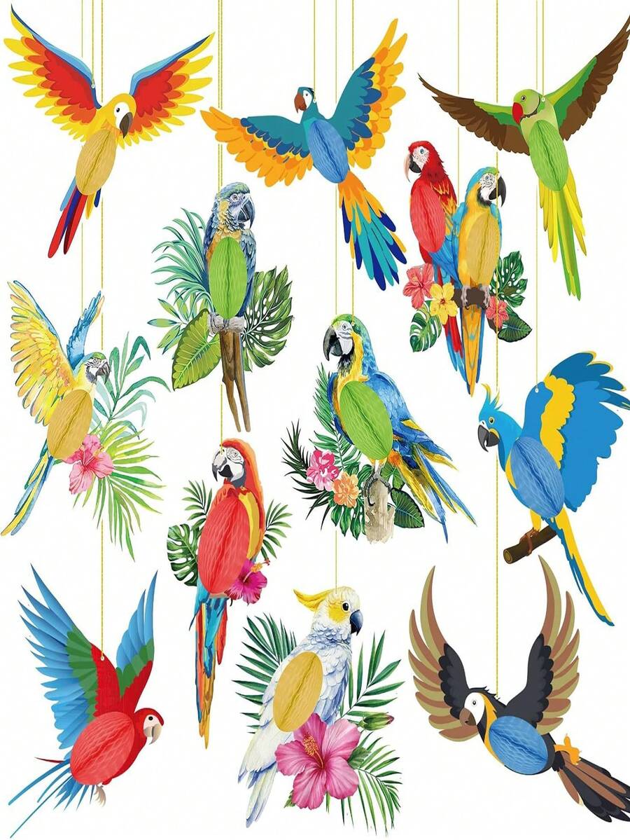12Pieces Tropical Birds Honeycomb Paper Cutouts, Parrot Honeycomb ...