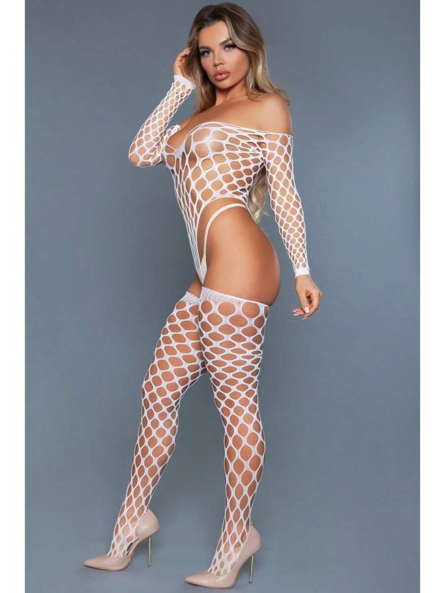 Women's Sexy Off Shoulder Fishnet Bodystocking With Large Cutouts & Long Sleeves | SHEIN USA