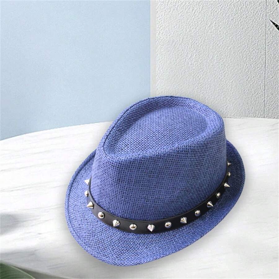 Women Men Fedora Hat Straw Hat Decorative Rivet Panama Jazz Cap Summer ...