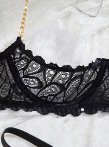 Sexy Women Black Lace Underwire Bralette With Metal Chain Decor, Erotic ...