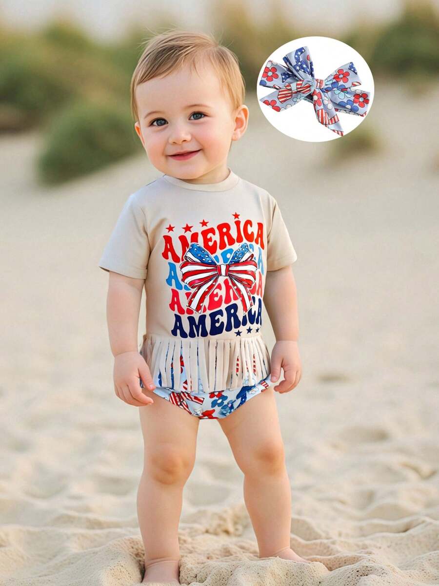 Infant Newborn Baby Girl 4th Of July Outfits Baby Girls Shorts Set, Short Sleeve Bow Letters ...