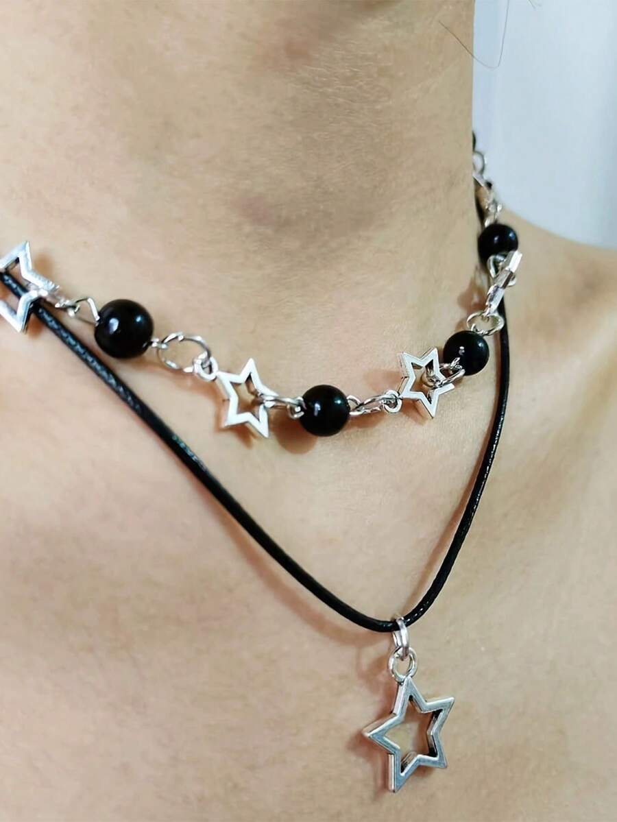 2pcs Bohemian Punk Style Black Ball Hollow Five-Pointed Star Necklace ...