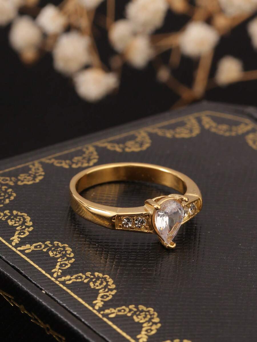 1pc Stainless Steel 18K Gold Single Diamond Droplet Ring, Versatile Fashion Minimalist Design ...