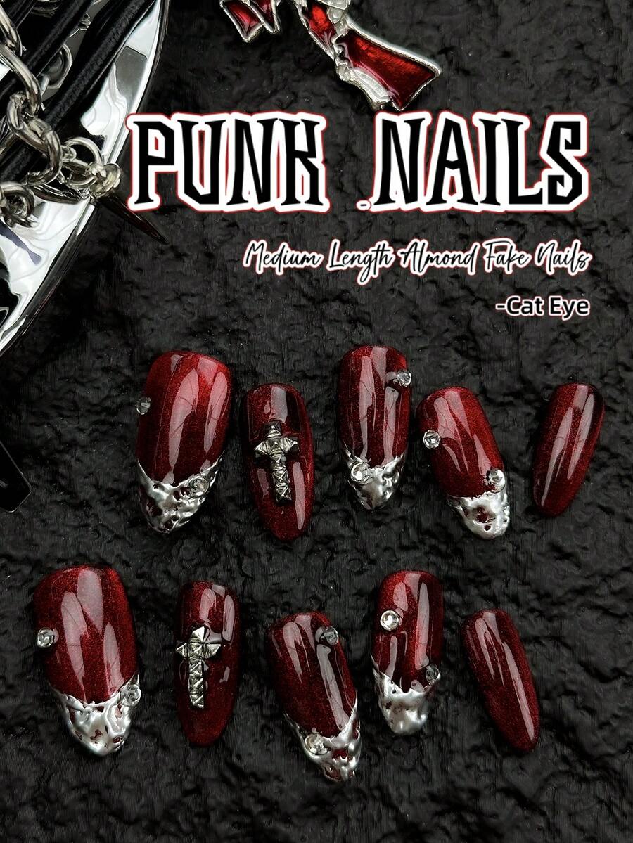 Fashion Store Handmade 10Pcs Junk Punk Nails,Almond Shaped Nails ,Wine ...
