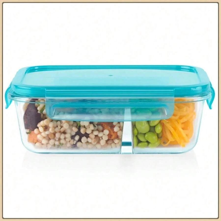 4-Cup Divided Glass Food Storage Container With Turquoise Lid | SHEIN USA