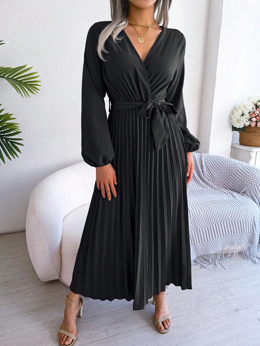 European And American Style Crossed V-Neck Wide Flounce Pleated Dress ...