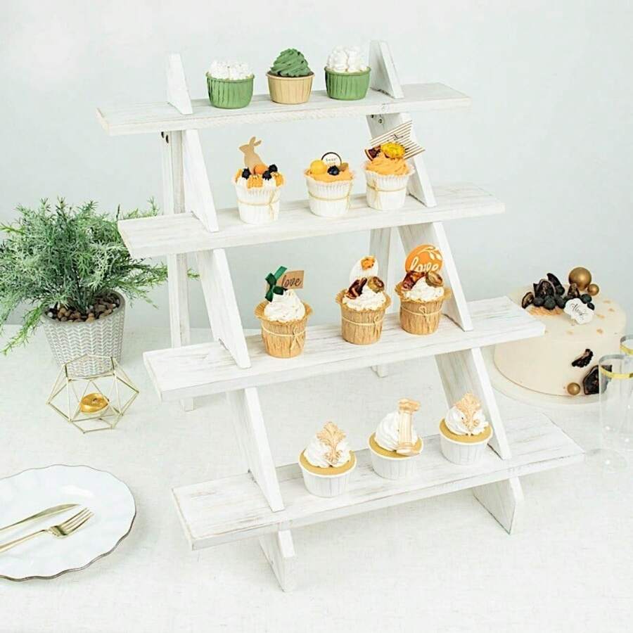 Whitewashed 21" Ladder 4 Tier Wooden Cupcake Holder Dessert Display ...