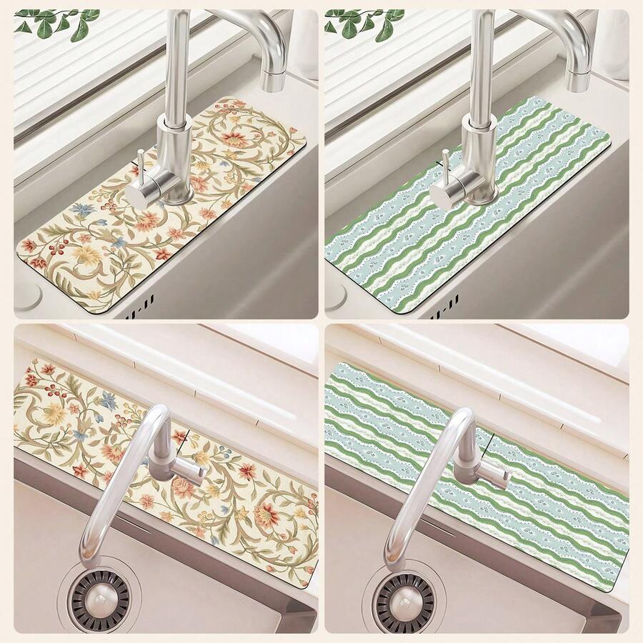 1pc Bohemian Style Anti-Slip Faucet Drainer Mat, Vintage Floral Design ...