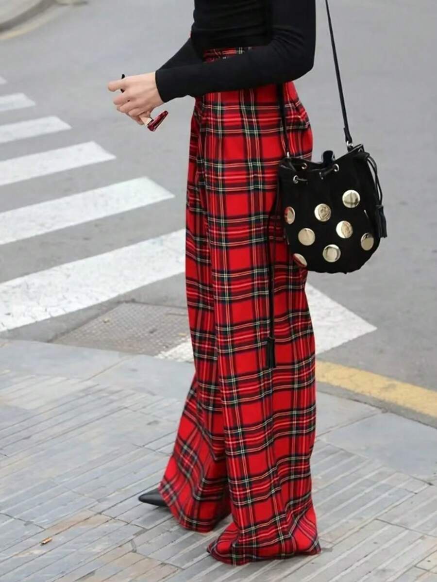 Pantaloni larghi in stile tartan alla moda per donne | SHEIN ITALIA