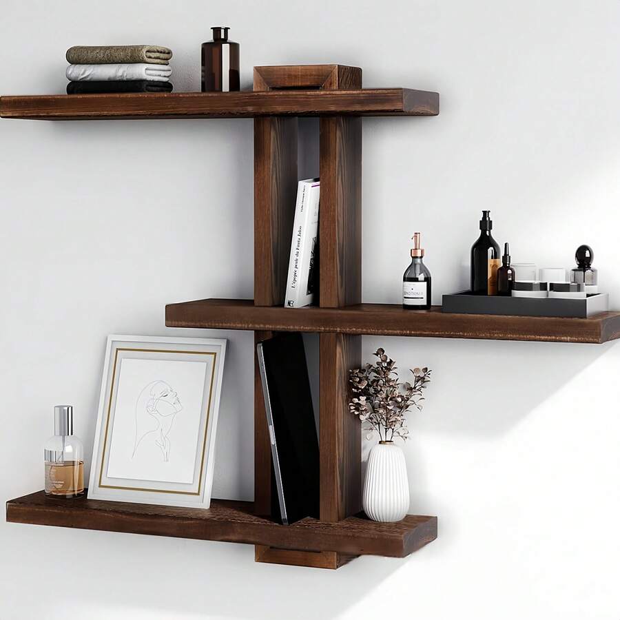 Multi-Modality Wooden Floating Wall Shelf, 20in 3 Tier Wall-Mounted ...