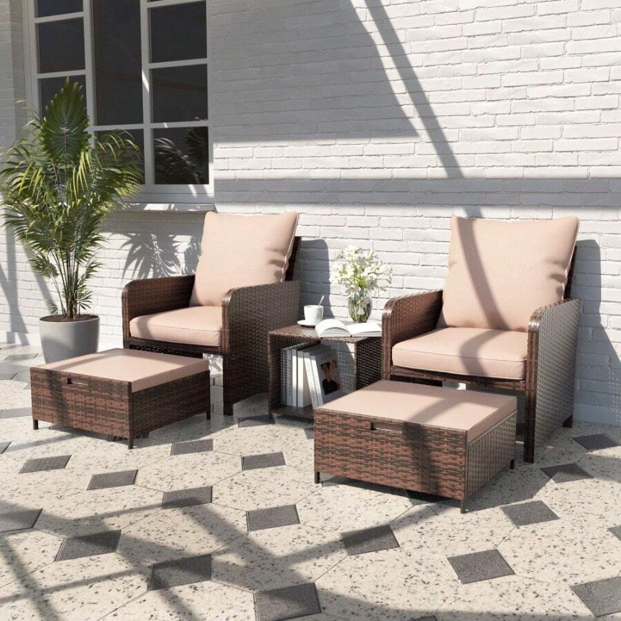 5 Piece Patio Furniture Set Outdoor Patio Conversation Rattan Chair With Ottomans W Storage ...