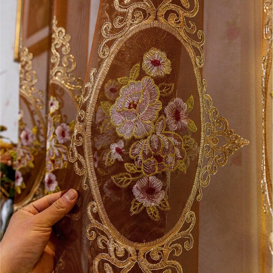 2 Panels Vintage Luxe Gold-Thread Embroidered Sheer Curtains – Elegant ...