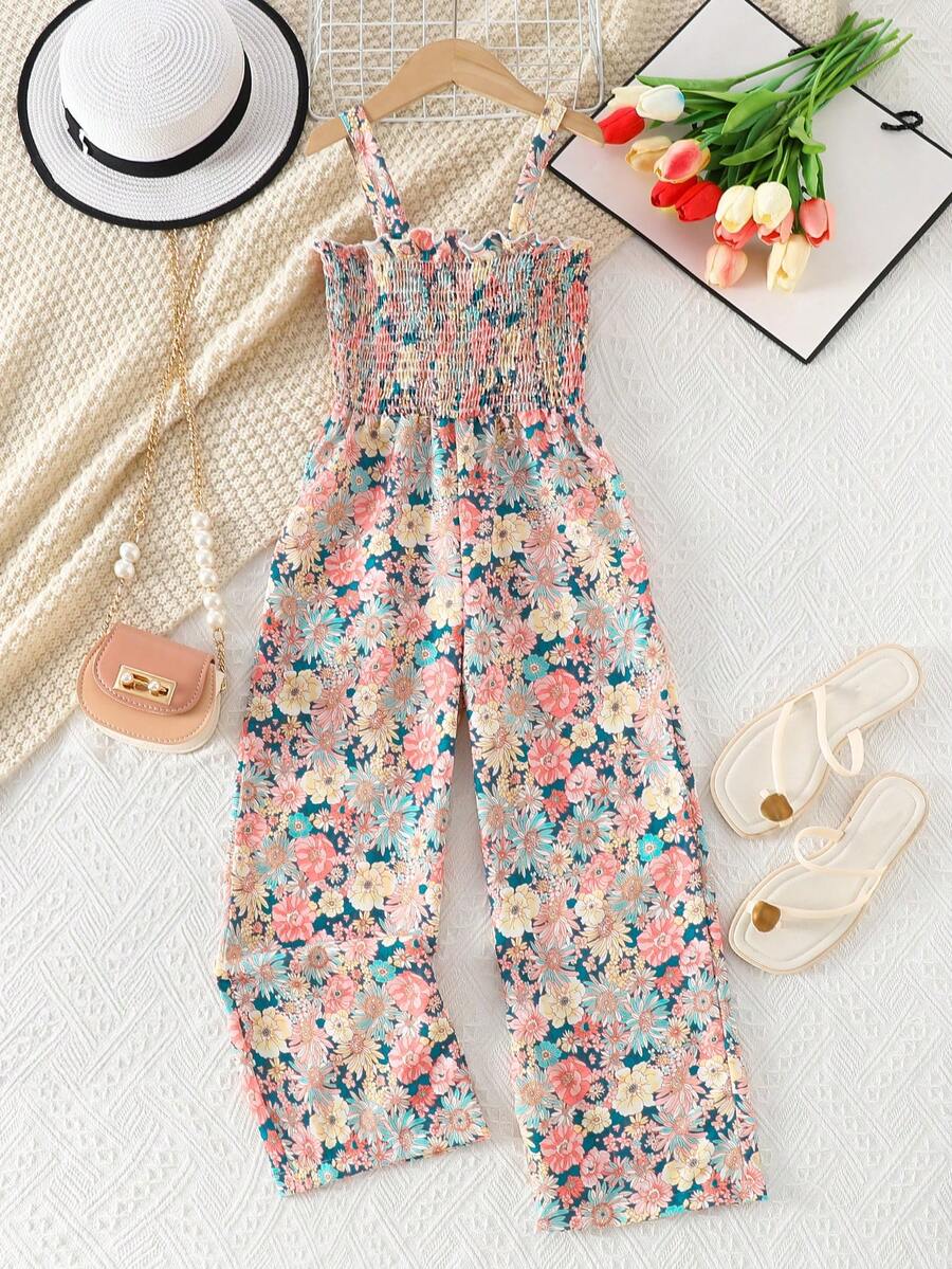 Girls' Floral Printed Ruffle Jumpsuit Romper, Bohemian Style Outfit For ...