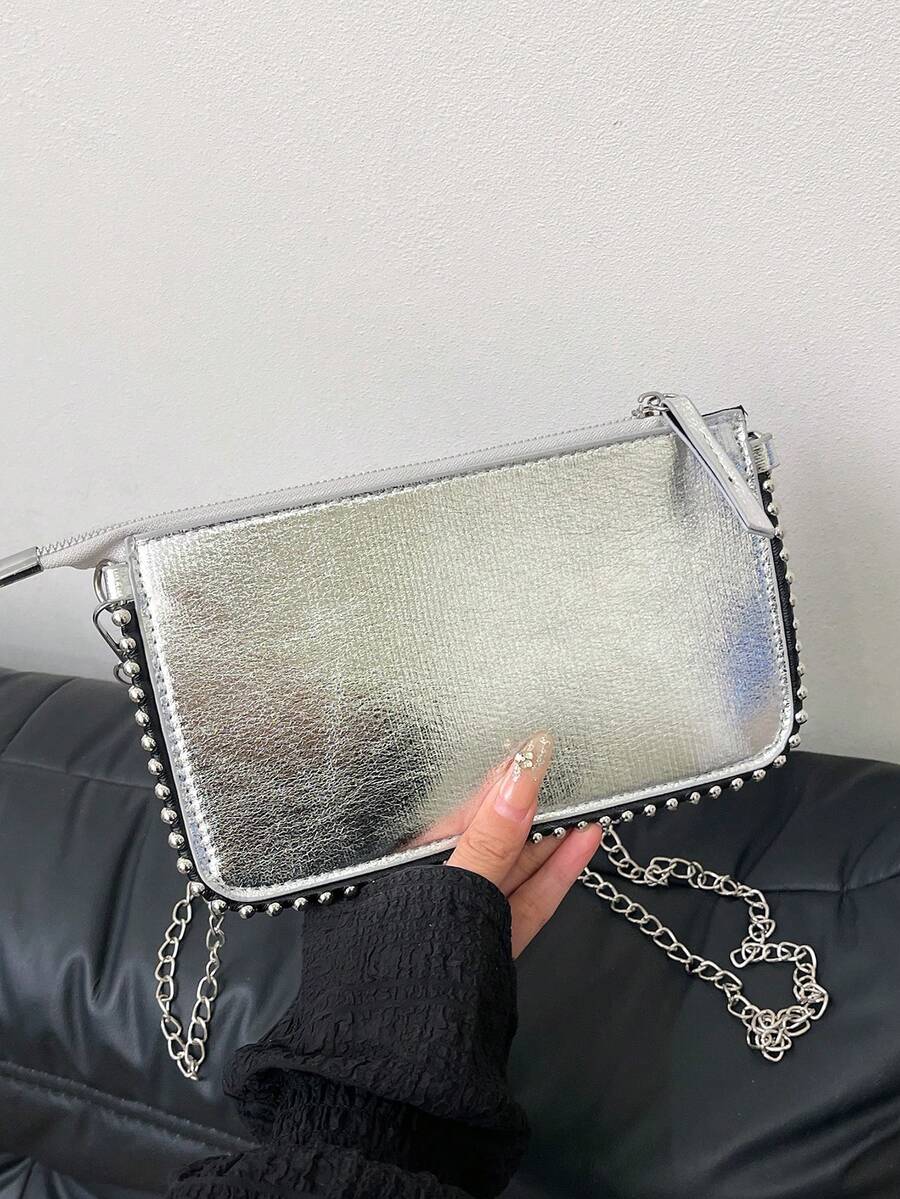 New Stylish Beaded Mini Chain Shoulder Bag, Simple Solid Color Envelope ...