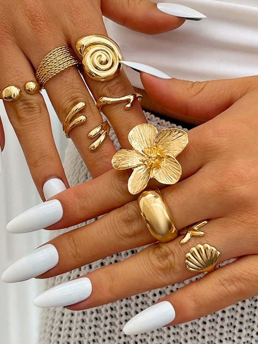 8pcs/Set Golden Plated Summer Big Flower Shell Conch Beach Ring Set ...