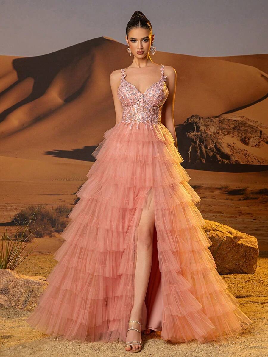 Sparkly Sequin Lace Applique Tulle Prom Dresses With Multi Layer Hem V ...