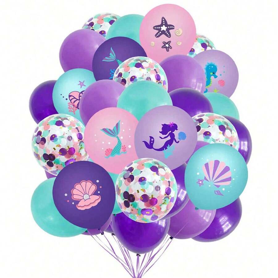 38Pcs/Set Mermaid Balloons Printed Confetti Latex Blue Purple Marine ...