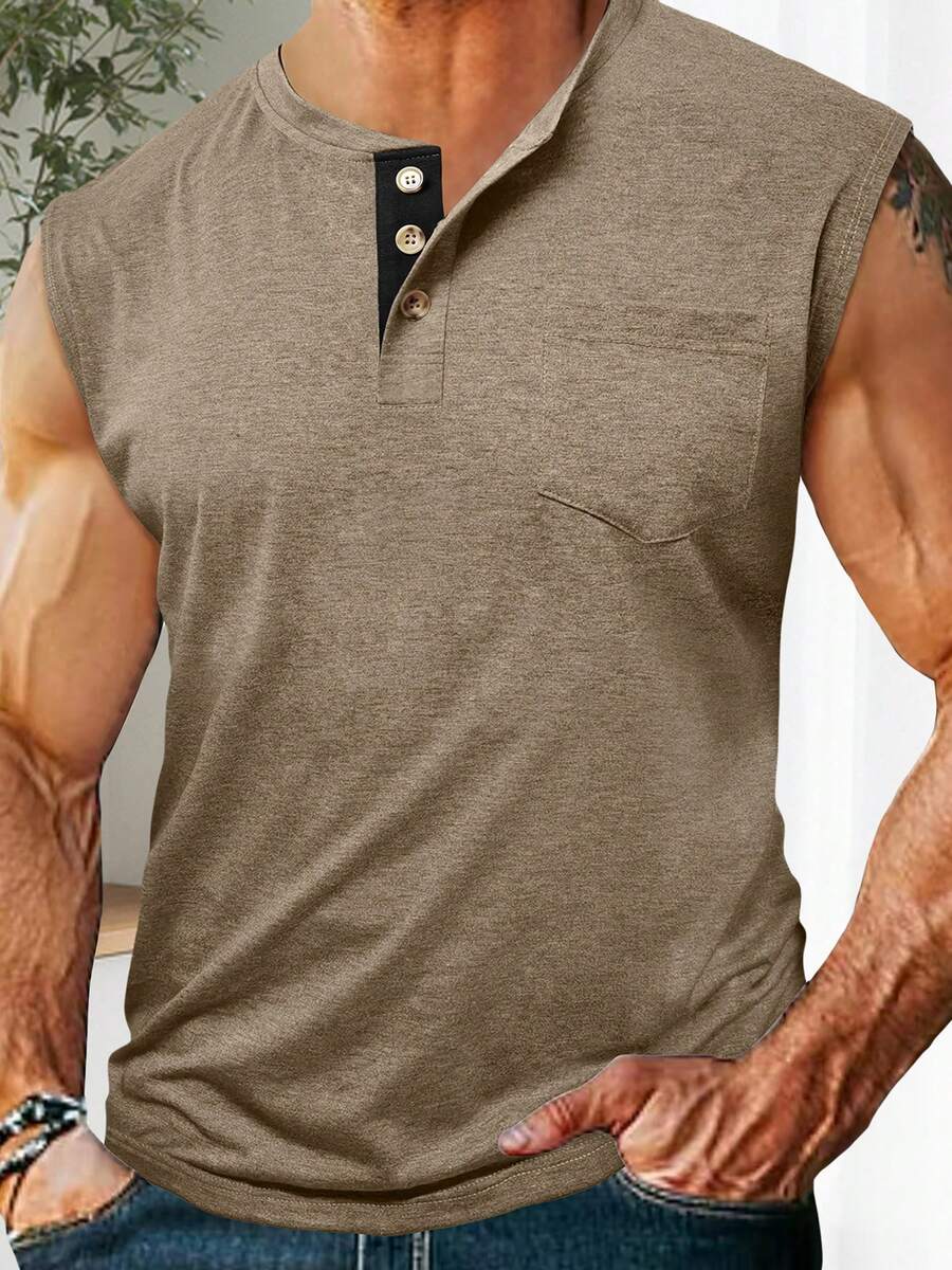 Men Muscle Fitness Sports Vest Patchwork Buttons Sleeveless Tank Tops ...