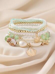 7pcs/Set Seashells, Pearls & Starfish Beads Layered Bracelet Set, Boho ...