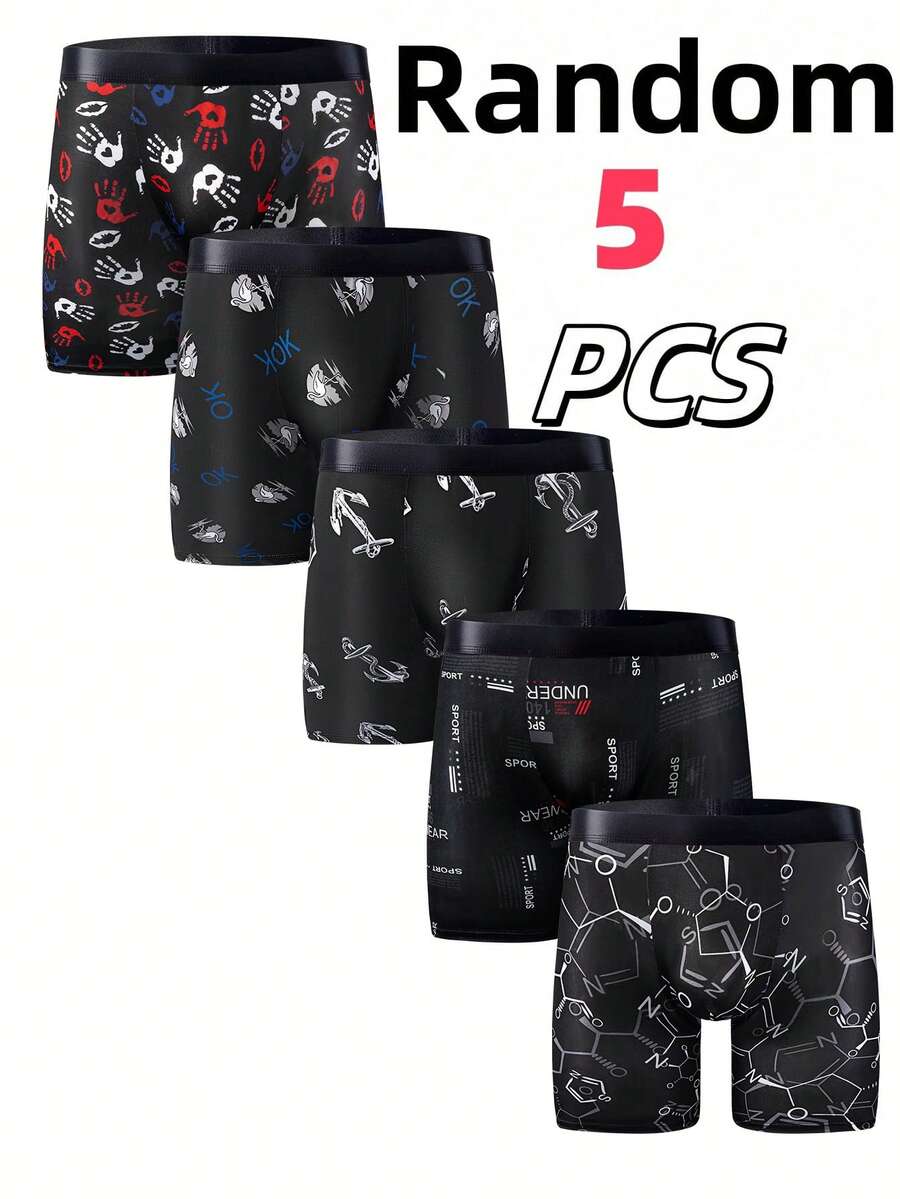 5 Random Sets Of Men's Long Ice Silk Boxer Shorts, Breathable ...
