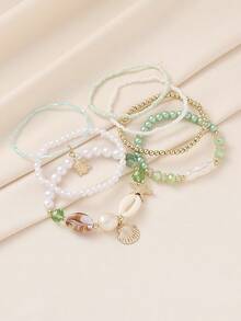 7pcs/Set Seashells, Pearls & Starfish Beads Layered Bracelet Set, Boho ...