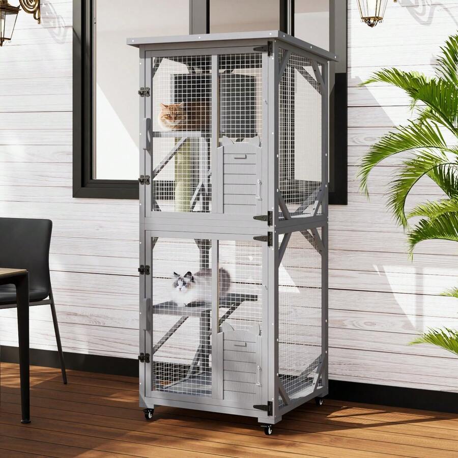 Cat House Catio, 71" Large Outdoor Wooden Cat Cage With Wheels ...