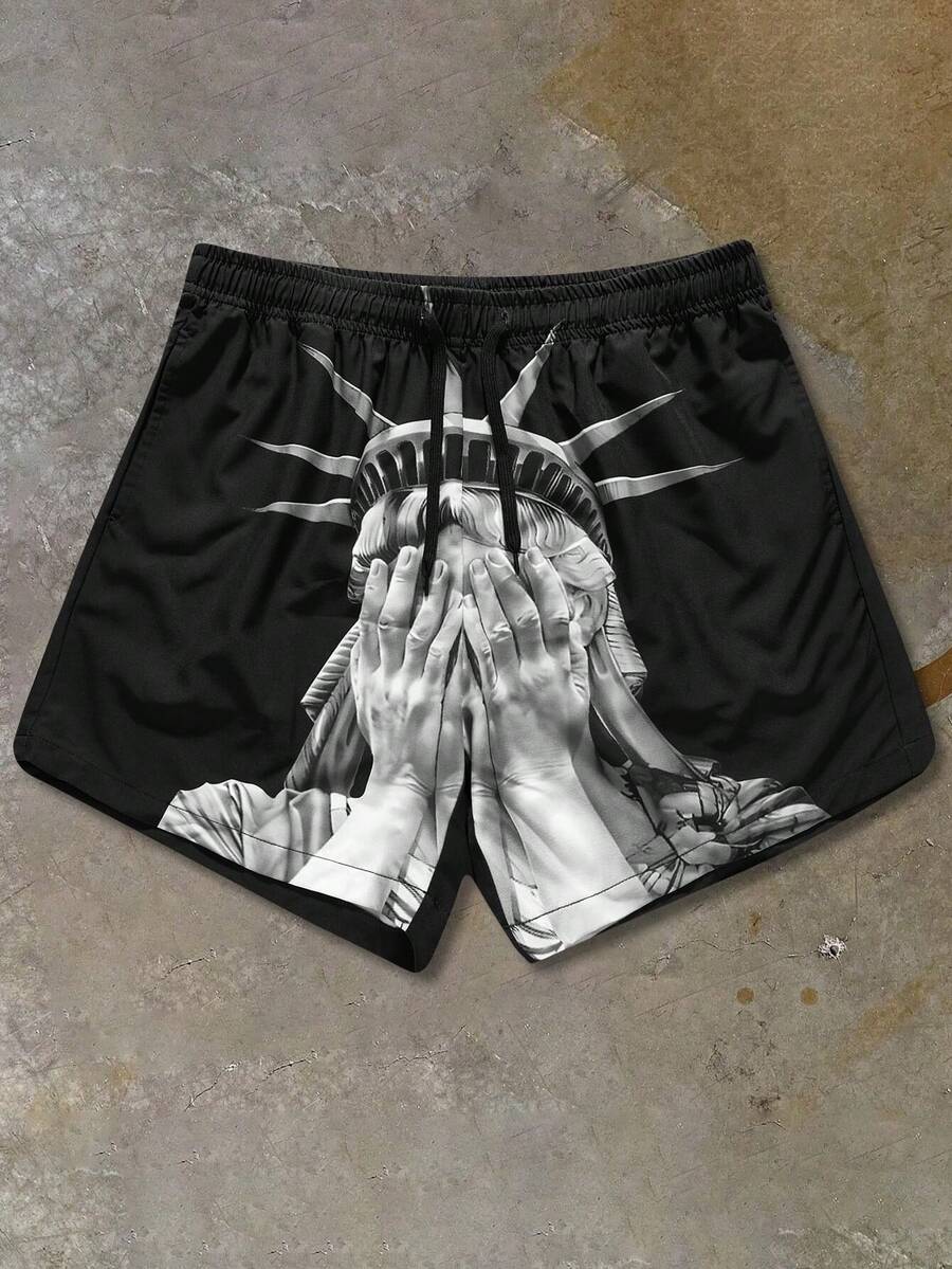 Men's Summer Sports Shorts With Statue Of Liberty Print, Drawstring And ...