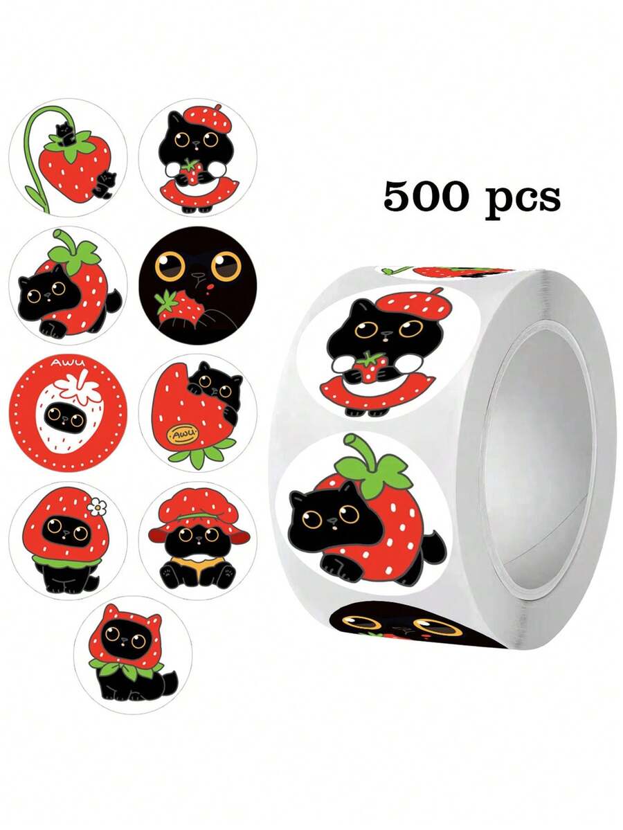 500pcs/Roll Cute Strawberry Cat Graffiti Stickers, Circular Cartoon Ins ...