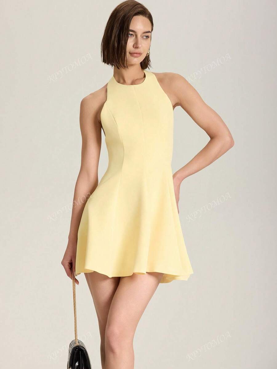 Women's Minimalist Halter Neck Open Back Short Dress, Butter Yellow ...