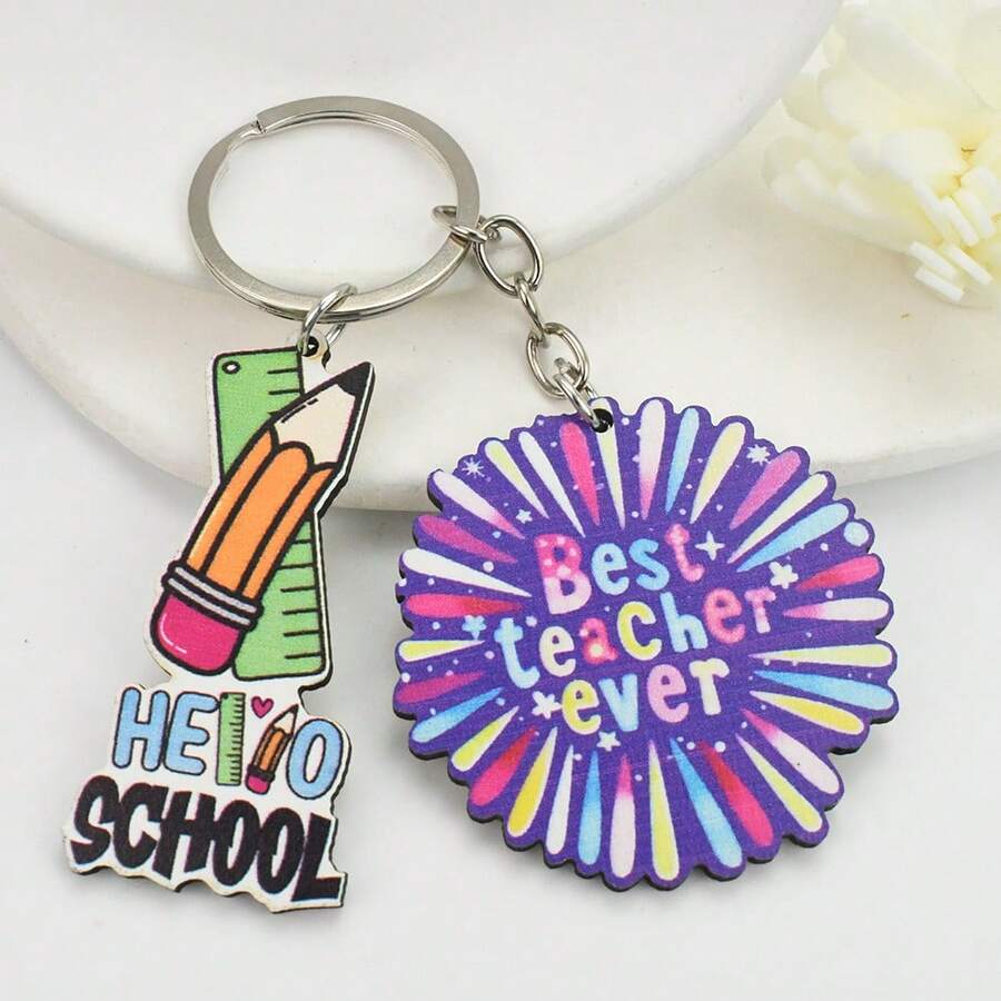 1pc Creative Teacher's Day Pencil Ruler Wood Tag Keychain, Casual ...
