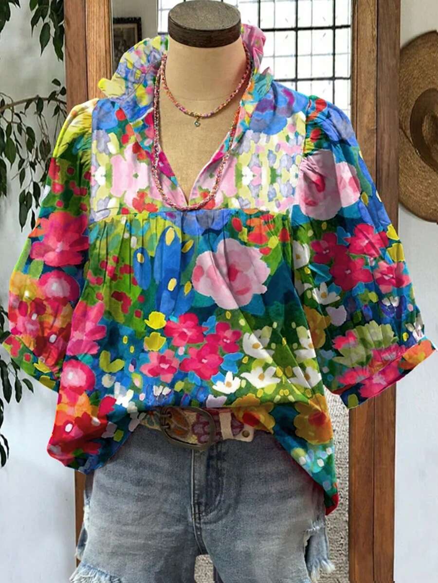 Women's Spring/Summer Casual Resort Shrunken Pleat Floral Pattern V ...