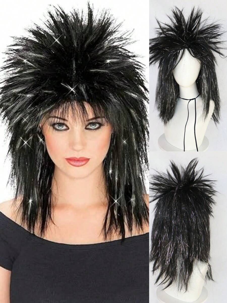 Rocking Disco Wig With Tinsel, Black/Silver, Shoulder Length Black 70s ...