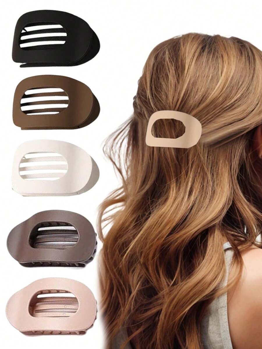 3/4/5pcs Vintage Solid Color Matte Flat Oval Hair Clips, Elegant Hollow ...