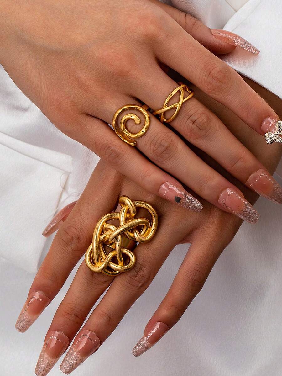 3 Pcs Golden Color Chunky Rings Set For Women Swirl Design Metal Wire ...