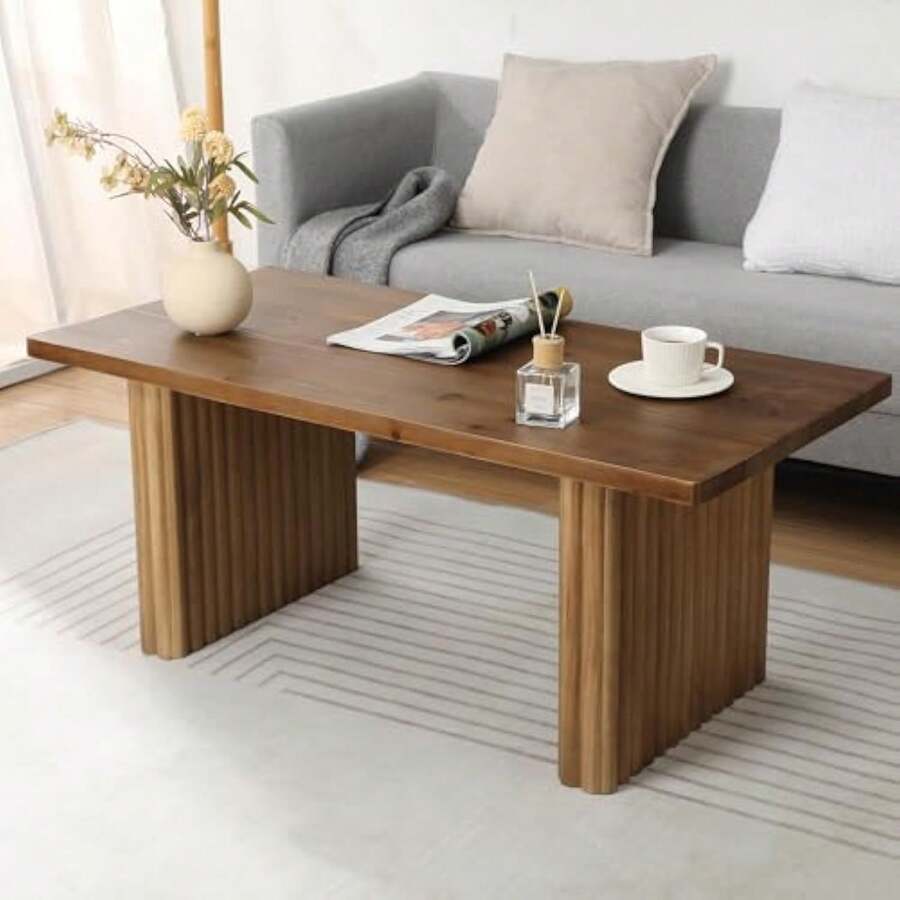 Farmhouse Fluted Coffee Table, Rectangle Solid Wood Living Room Table, Accent Center Table With ...