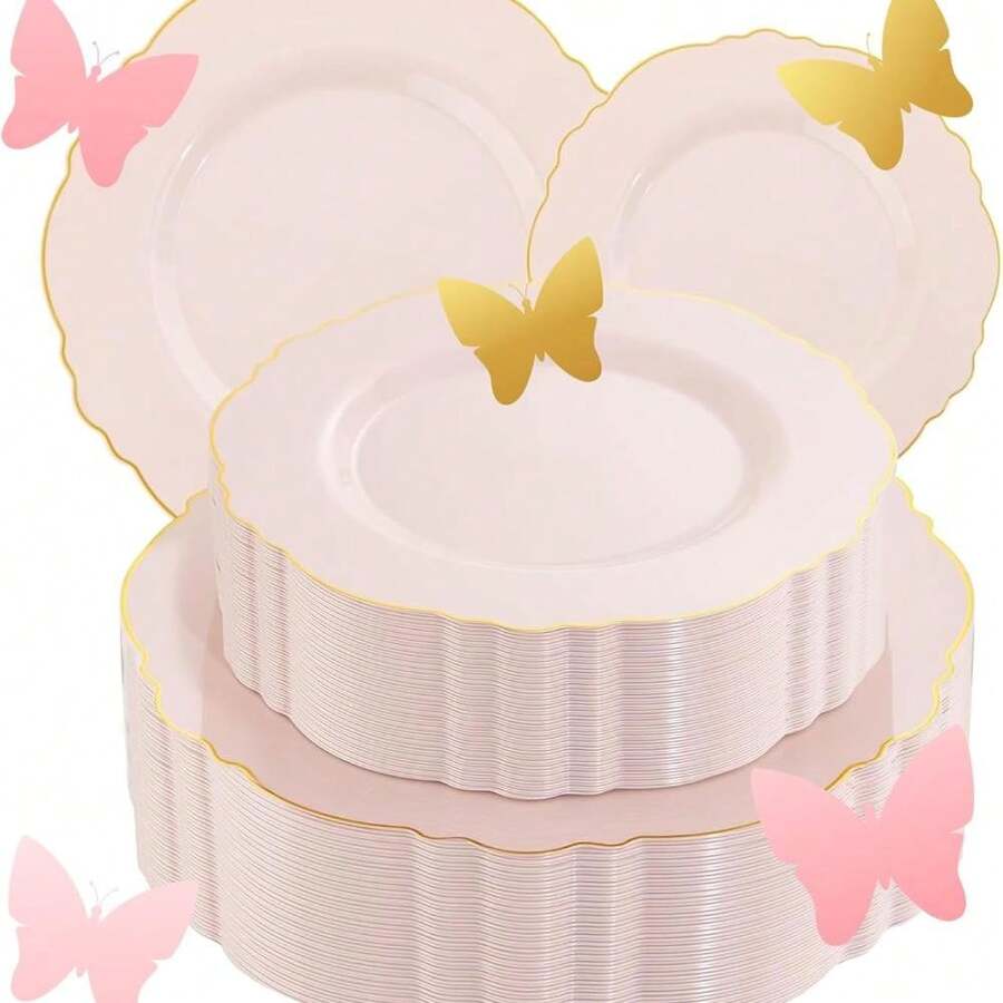 WDF 100pcs Gold Plastic Plates - High-End Baroque Design - Heavy Duty ...