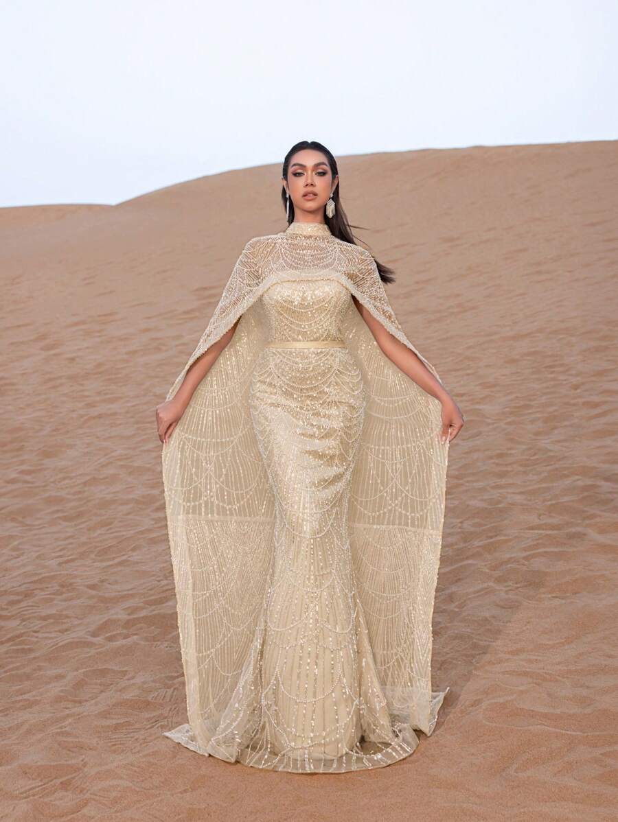 Vestido de capa maxi con lentejuelas y cuentas brillantes con ...