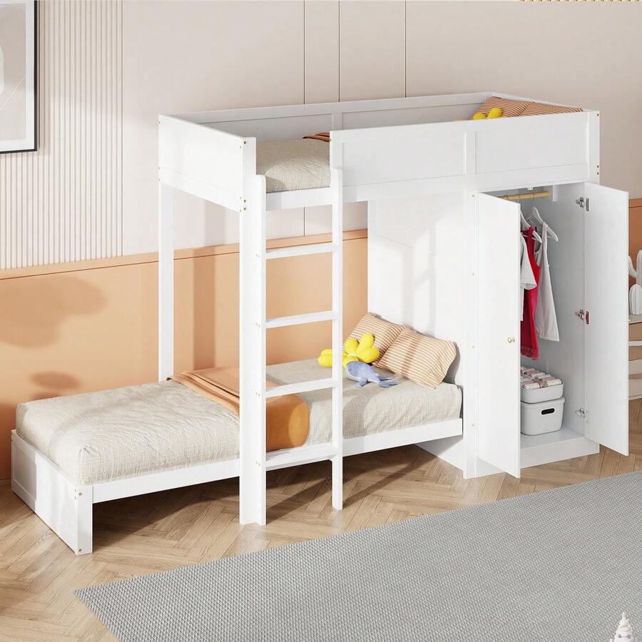 okwish Bunk Bed 90x200cm With Vertical Safety Stairs And Wardrobe, Loft ...