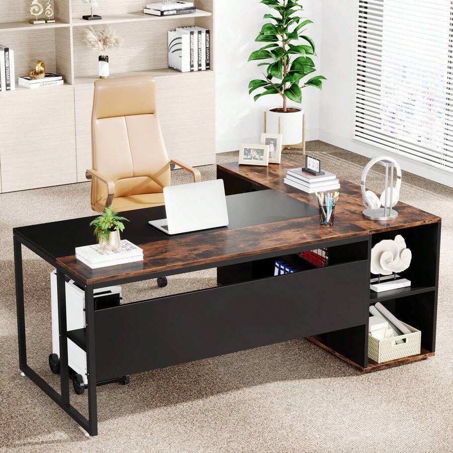 LITTLE TREE 71 Inch Computer Desk With File Cabinet, Large Executive ...